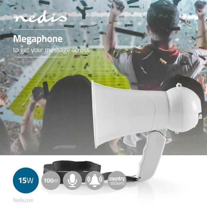 Mégaphone de supporter 10W avec microphone et sirène intégrés - Blanc ...