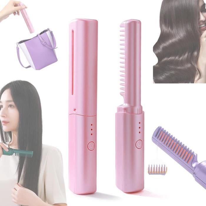 Mini Lisseur À Cheveux Rechargeable, Brosse Chauffante 2 En 1 Pour ...