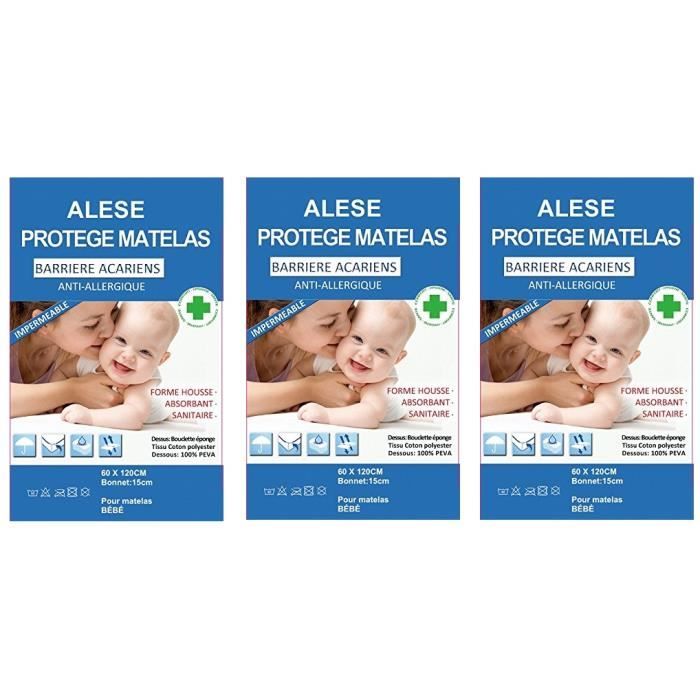 Lot de 3 Aléses LIT BÉBÉ (60X120) IMPERMÉABLE 100% Coton, Face ...