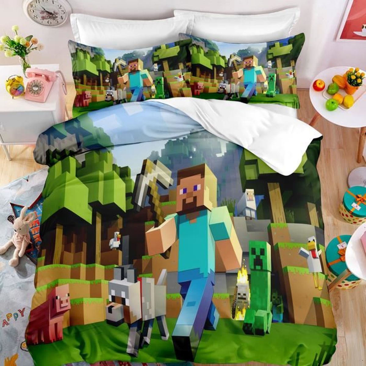 Parure de lit Minecraft 3D effet 135*200cm 3 pieces 1 housse de couette ...
