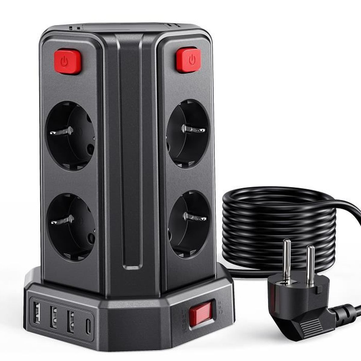 Priza tip tower, Sameriver, 2500W, 8 Prize, 4 Porturi USB, 3m, 11.5x18 ...