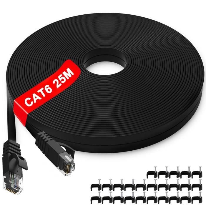 Cable Ethernet 25m, Cat6 Cable RJ45 25m Noir, Plat Cable Internet Haut Débit, Gigabit Fibre ...