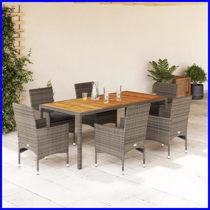 DXBK Ensemble à manger de jardin et coussins 7 pcs gris rotin acacia ...