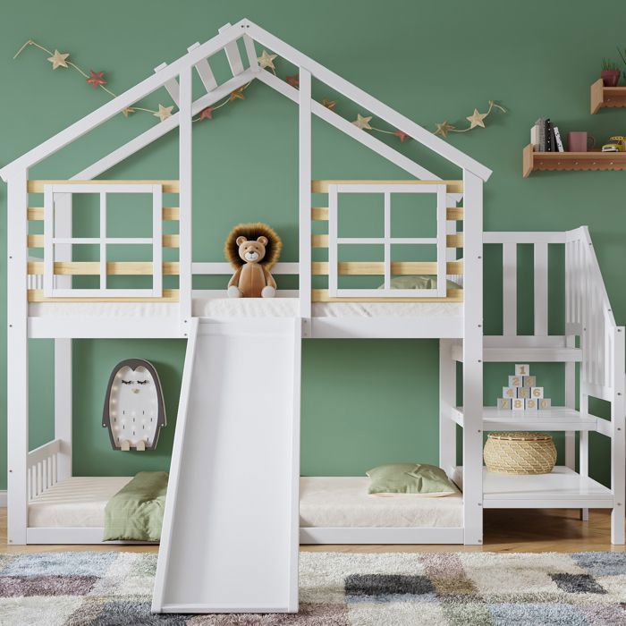 Lit superposé 90x200cm, avec escaliers, rampes, toboggans, fenêtres ...