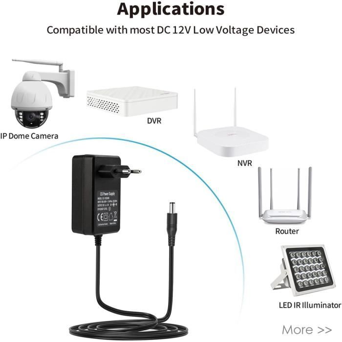 Alimentation de Caméra de Surveillance DC 12V 2A, Transformateur ...