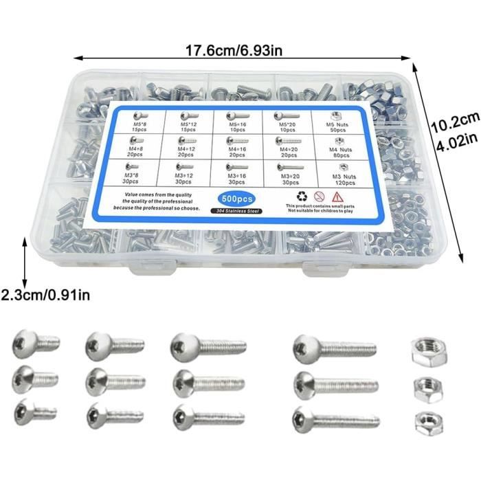 500Pcs Vis Et Ecrou Avec 3 Clés M3-M4-M5 Vis À Tête Hexagonale En Acier ...