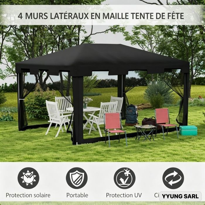 Pavillon de jardin 4x3 m, parois moustiquaires, structure métal PE gris ...
