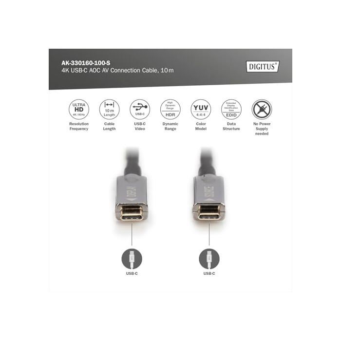 Câble USB-C - DIGITUS - AK-330160-100-S - Fibre optique - 10m - Noir ...