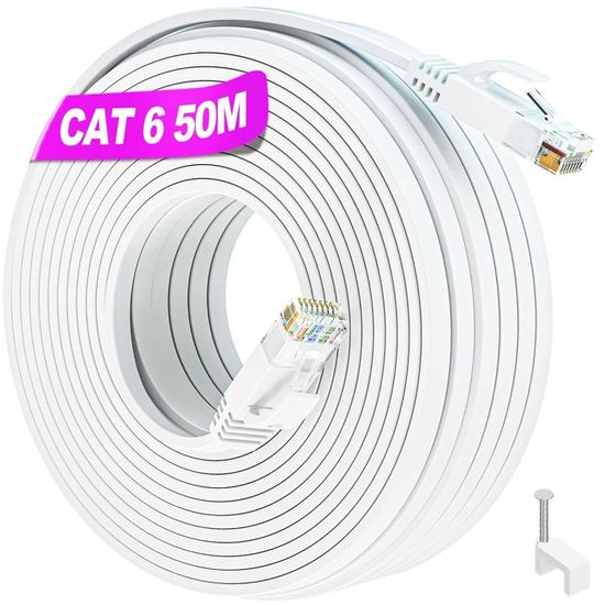 Cable Ethernet 50M, Cat 6 Cable Rj45 50M Blanc Plat Cable Réseau Haut ...