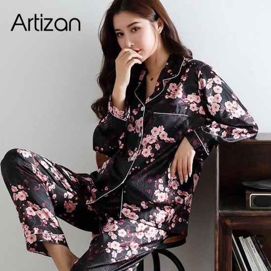 Pyjama femme long,Ensemble de pyjama en soie satinée pour femme, tenue ...