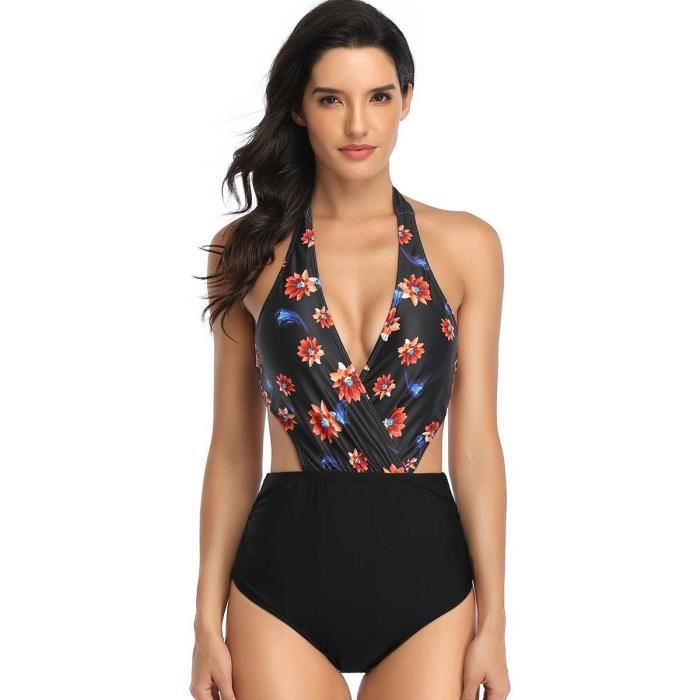 Maillot de Bain une Pièce Pour Femme Amincissant Cache Ventre Sexy Dos nu Halter Tankini Fleurs ...