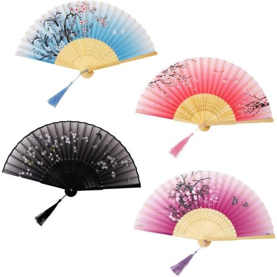 Éventails Pliants 4Pcs Eventail avec Frange en Soie et Bambou Eventail ...