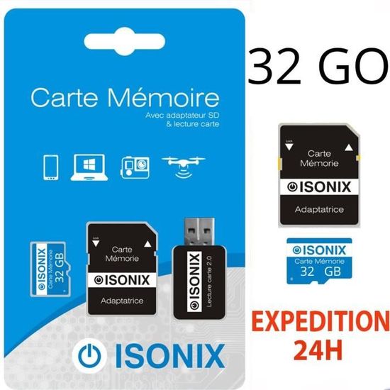 Carte mémoire Micro SDHC - ISONIX - 32Go - Class 10 - Adaptateur SD inclus - Couleur Bleu ...