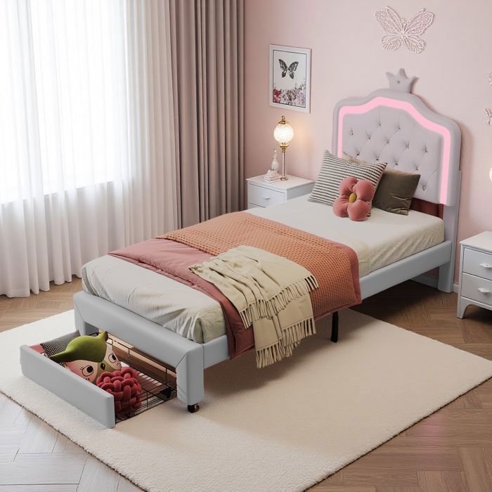 Lit Enfant Fille 90x200 cm avec Éclairage LED, Lit Princesse avec 1 ...