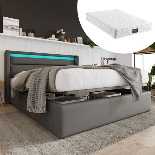 MERAX Lit coffre hydraulique avec Matelas, avec LED, cadre de lit ...