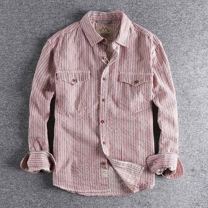 Chemise Homme 100%Coton À rayure Rouge Bicolore Manches Longues Rétro ...