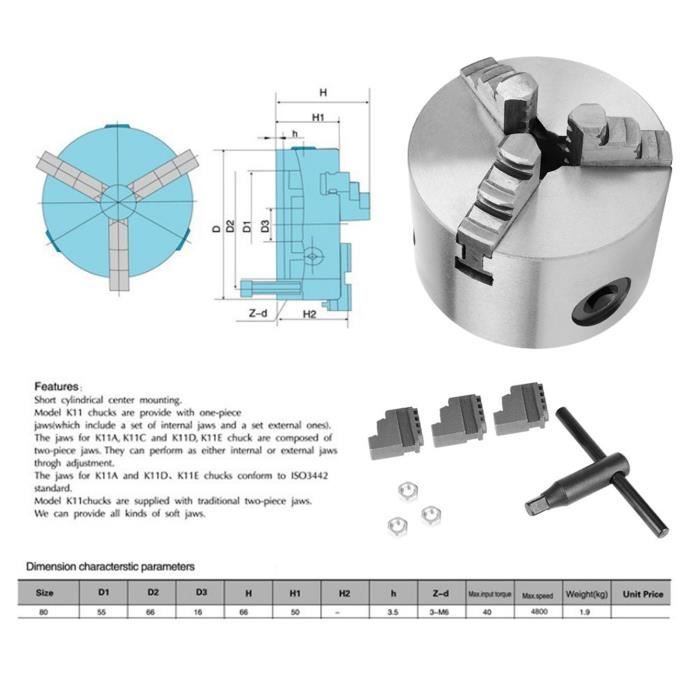 Mandrin de tour YOSOO K11-80 à 3 mors auto-centrant en métal de 80 mm ...