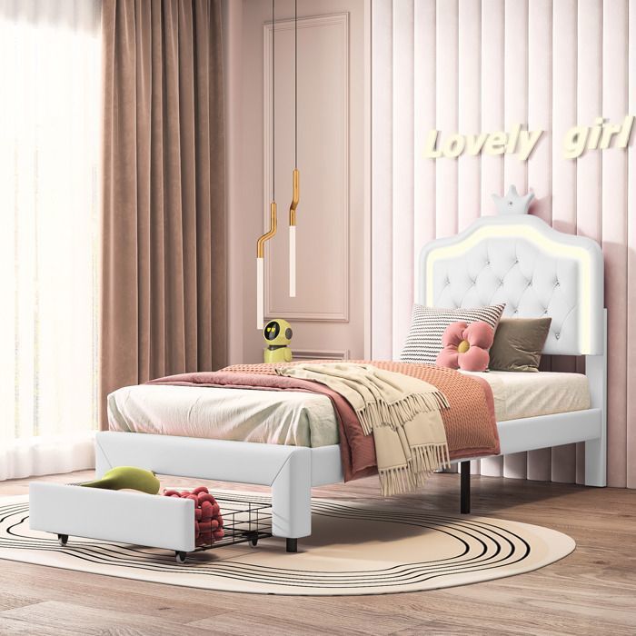 Lit Enfant Fille 90x200 cm avec Éclairage LED, Lit Princesse avec 1 ...