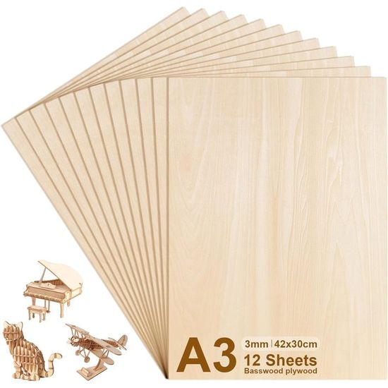 FoiiLiio 12 Pièces A3 Contreplaqué 3mm, Feuilles de bois de tilleul 42 ...