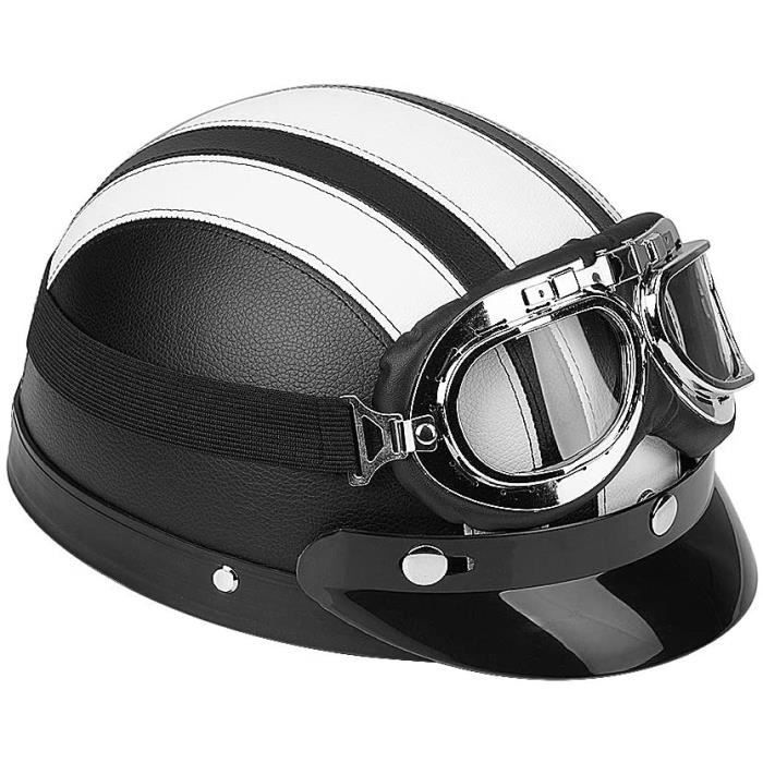 Demi casque de moto en cuir, casque de moto avec lunettes anti-uv ...
