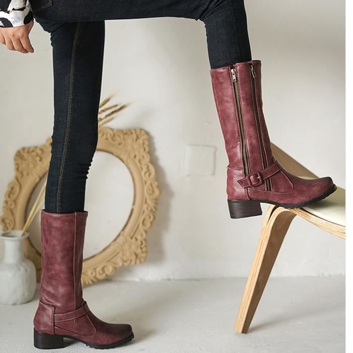 Bottes femme à talons bas en cuir nubuck Belles bottes HU rouge ...