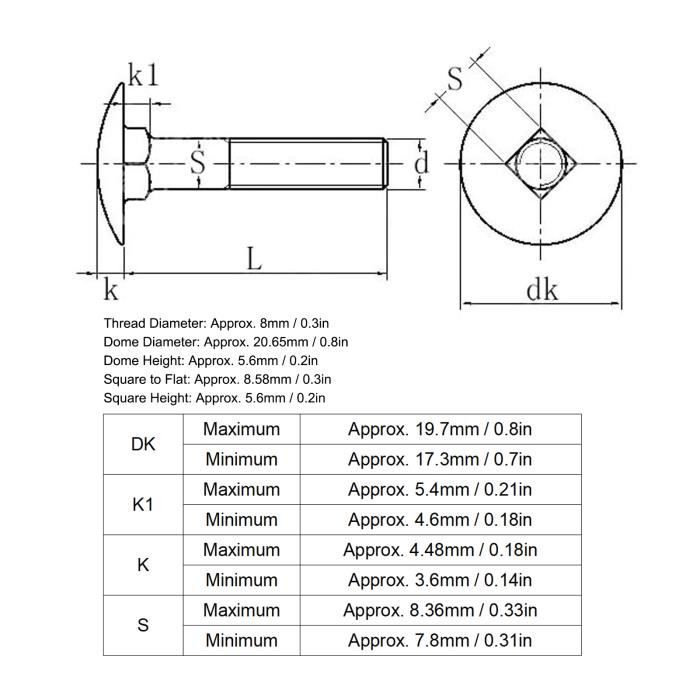SALALIS Boulon à vis M8 30 pièces M8x1.25 boulon à vis A2 tasse en acier inoxydable carré gros ...