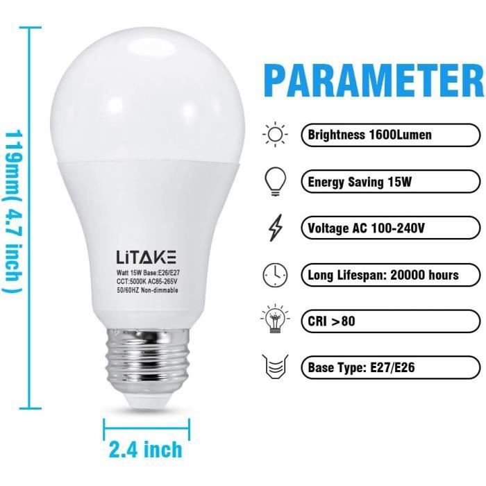 Ampoules Led E27,Equivalent 150W 15W E26 A60 Visser Les Ampoules Edison Lumière Du Jour 5000K ...