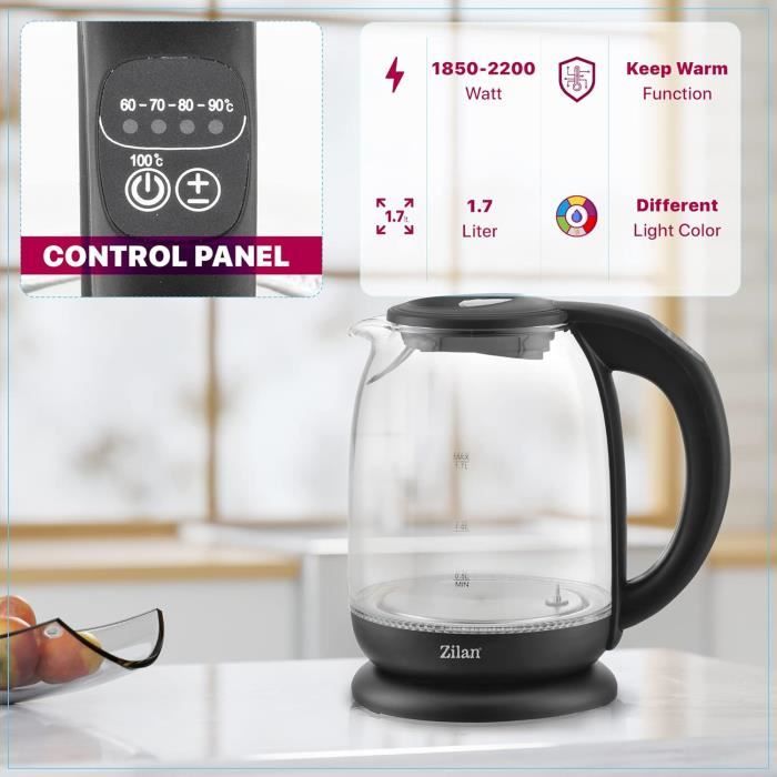 Zilan Bouilloire en verre à écran numérique et LED,1.7lt,5 réglages de ...
