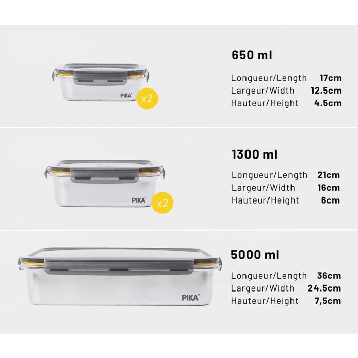 PIKA | Lot de 5 boites alimentaires en inox |1x 5000ml + 2x 1300ml + 2x ...