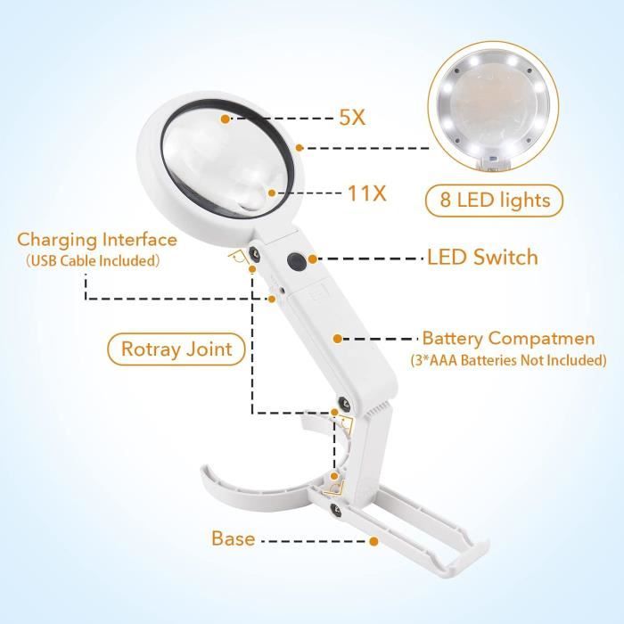 Loupe Eclairante À Main Sur Pied 5X 11X Avec Lumière 8 Led, Loupe De Lecture, Loupe De Table ...