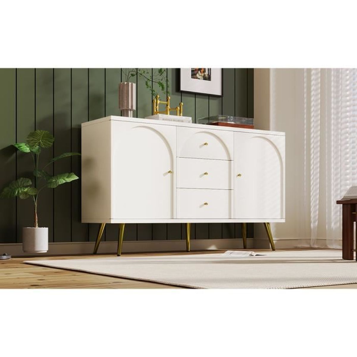 Commode avec 2 portes et 3 tiroirs, commodes à portes blanches, étagère ...