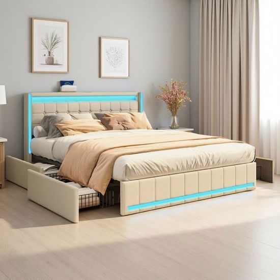 Lit Double Design 140x190 avec 4 Grands Tiroirs, LED RGB et USB, Tissu ...