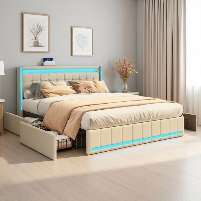 Lit Double Design 140x190 avec 4 Grands Tiroirs, LED RGB et USB, Tissu ...