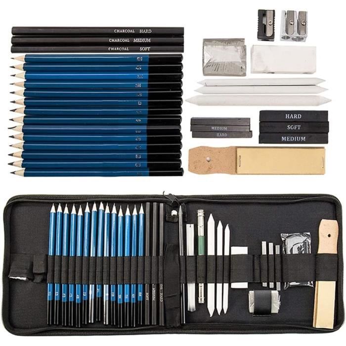 Crayons Dessin Professionnel Set de Crayons Fusain Materiel Gommes à Effacer et Aiguisoirs Sac ...