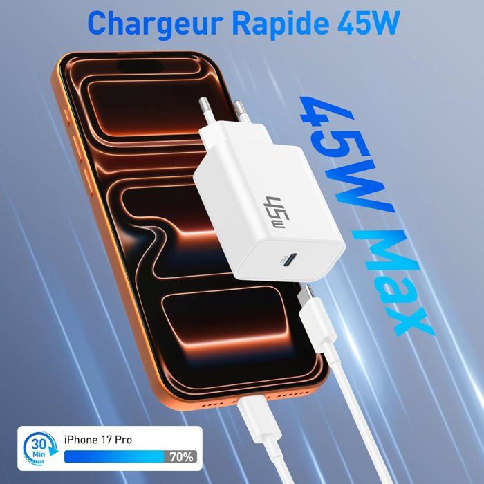 45W Usb C Chargeur Rapide Pour Iphone 17 Pro Max/17 Air, Iphone 16 16E ...