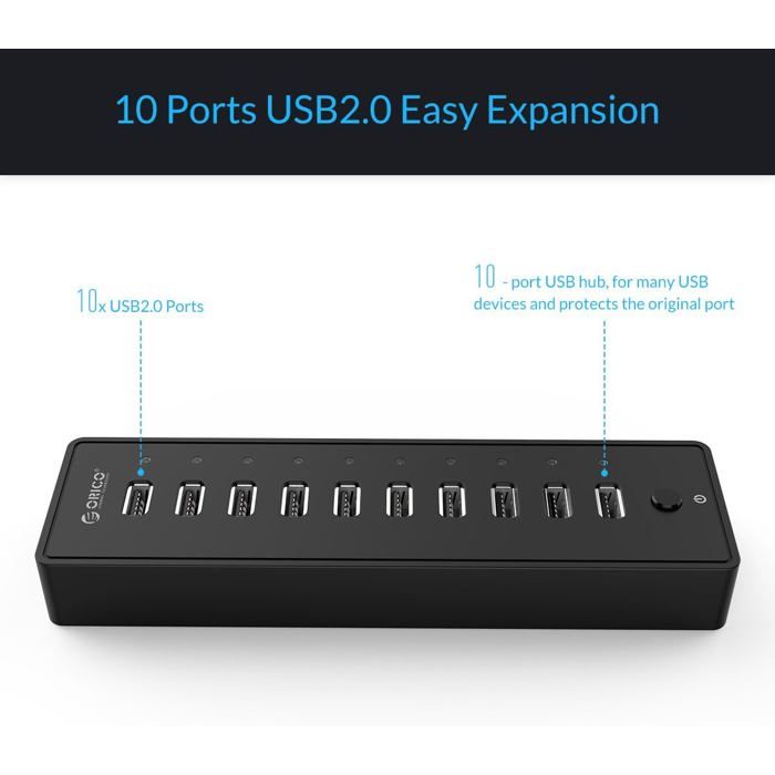 10 Ports Hub USB 3.0 avec Interrupteur et Alimentation 45W (12V4A), 5 ...