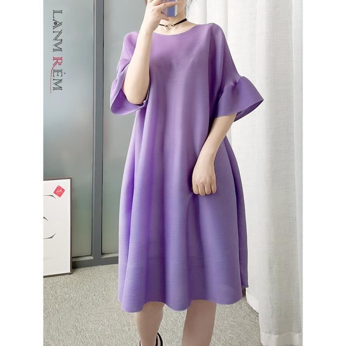 Robe,LANMREM-Robe plissée à col rond et manches évasées pour femme ...