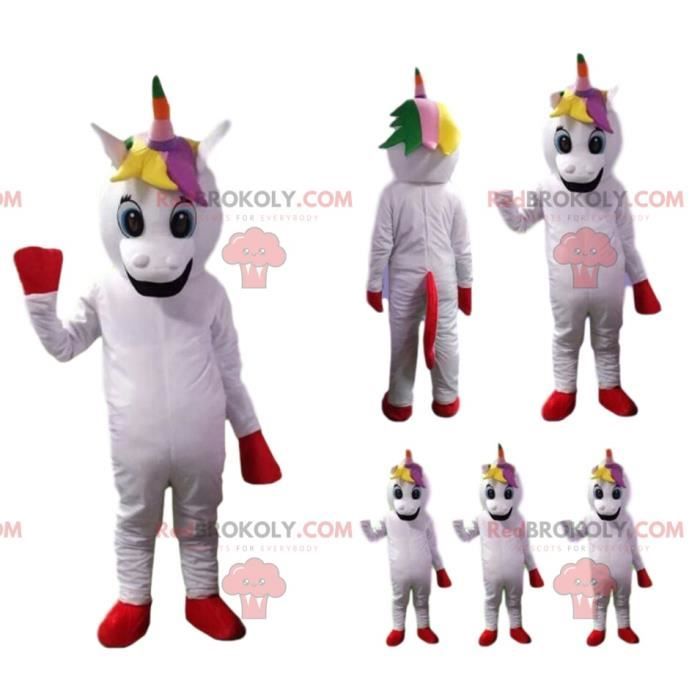 Mascotte de licorne blanche avec une crinière arc-en-ciel - Costume ...