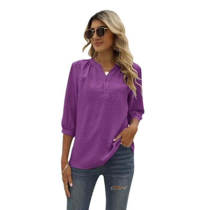 Femme ete Col en V Manche Chemisier Chic Swiss Dot Tunique Top Casual ...