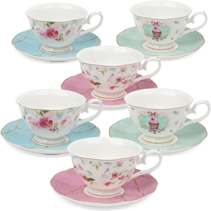 Fanquare Set de 6 Tasses à Thé Rose et Soucoupes, Ensemble de Tasses à ...