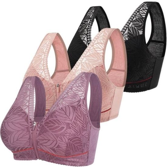 Soutien-gorge sans fil - 3PCS - Grande taille - Fermeture éclair devant - Noir/Rose - Confort ...