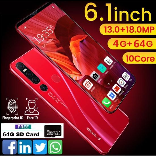 Rouge- Smartphones 6.1 "Grand écran 10 core 4GB RAM 64GB ROM 64GB SD ...