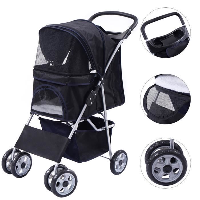 Poussette pour animaux chariot chien chat 4 roues freins rangement toit ...
