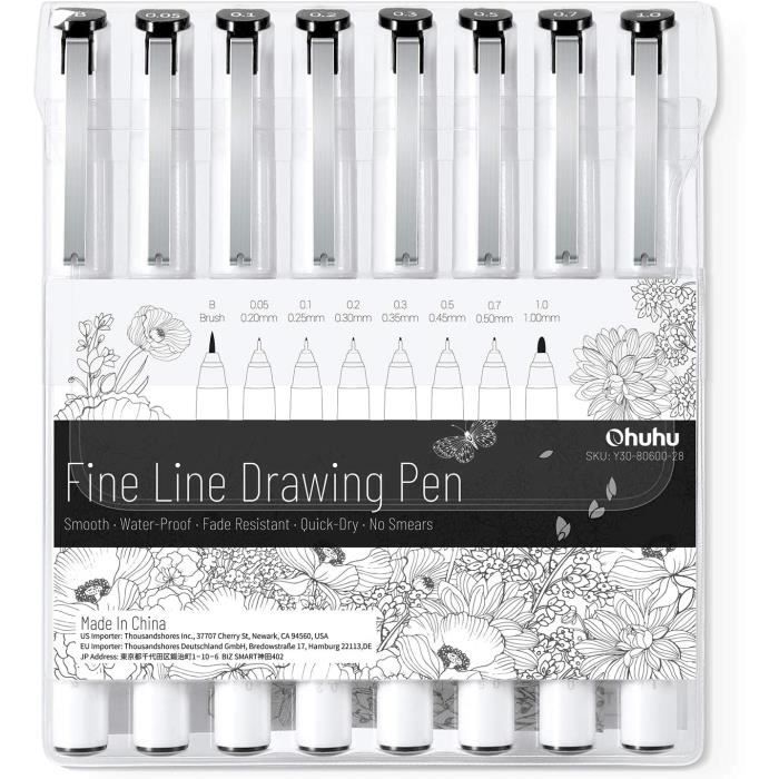 Stylo Fineliner, Set de 8 stylos à dessiner Ultra, 8 tailles de pointe ...