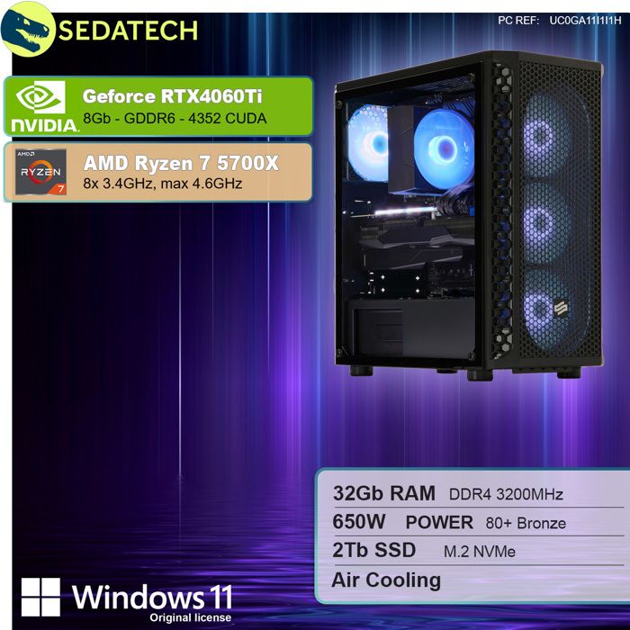 Sedatech PC Gamer Advanced Tower ATX • AMD Ryzen 7 5700X • RTX4060Ti • 32Go RAM • 2To SSD M.2 ...