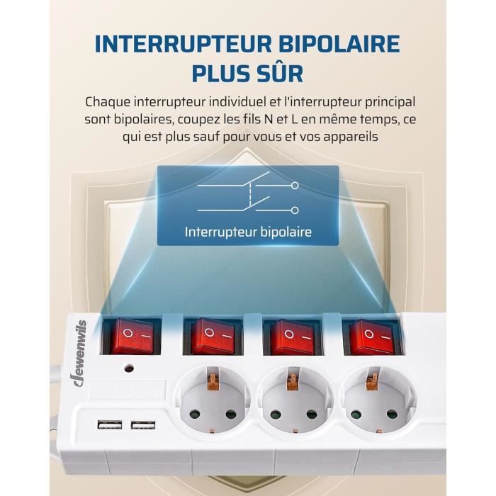 Multiprise avec 6 Prises & 2 USB & 7 Interrupteurs Individuel, 3680W ...