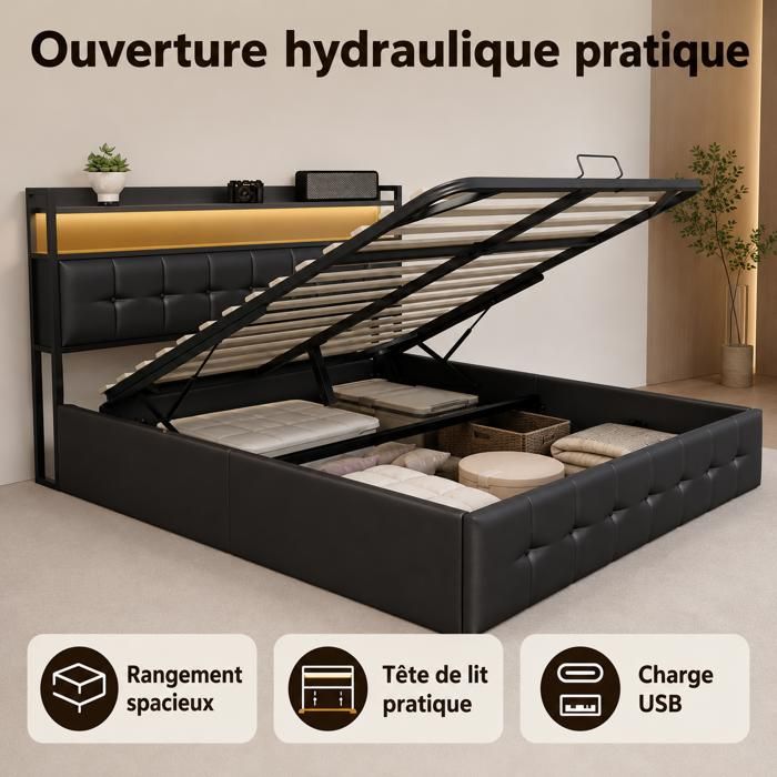 Lit Coffre 160x200CM avec Sommier LED et Prise USB Tpye C - Rangement ...