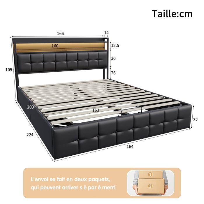 Lit Coffre 160x200CM avec Sommier LED et Prise USB Tpye C - Rangement ...