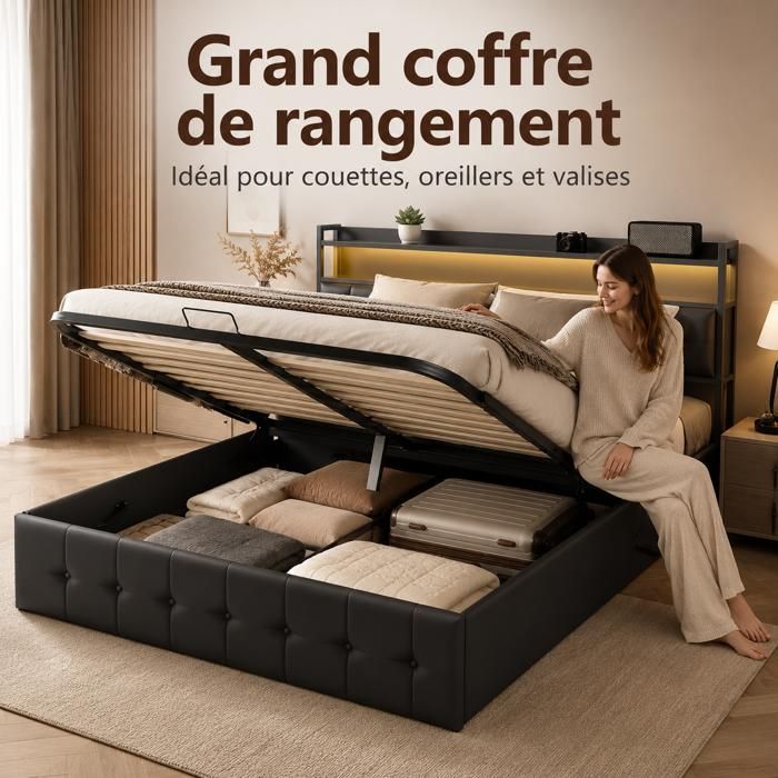 Lit Coffre 160x200CM avec Sommier LED et Prise USB Tpye C - Rangement ...