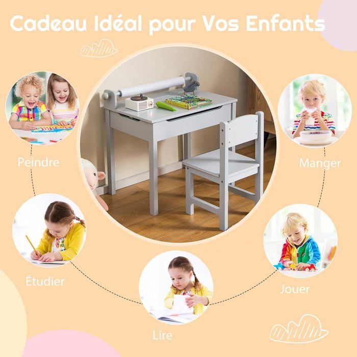 COSTWAY Bureau pour Enfants avec Chaise, Rouleau de Papier, Plateau ...